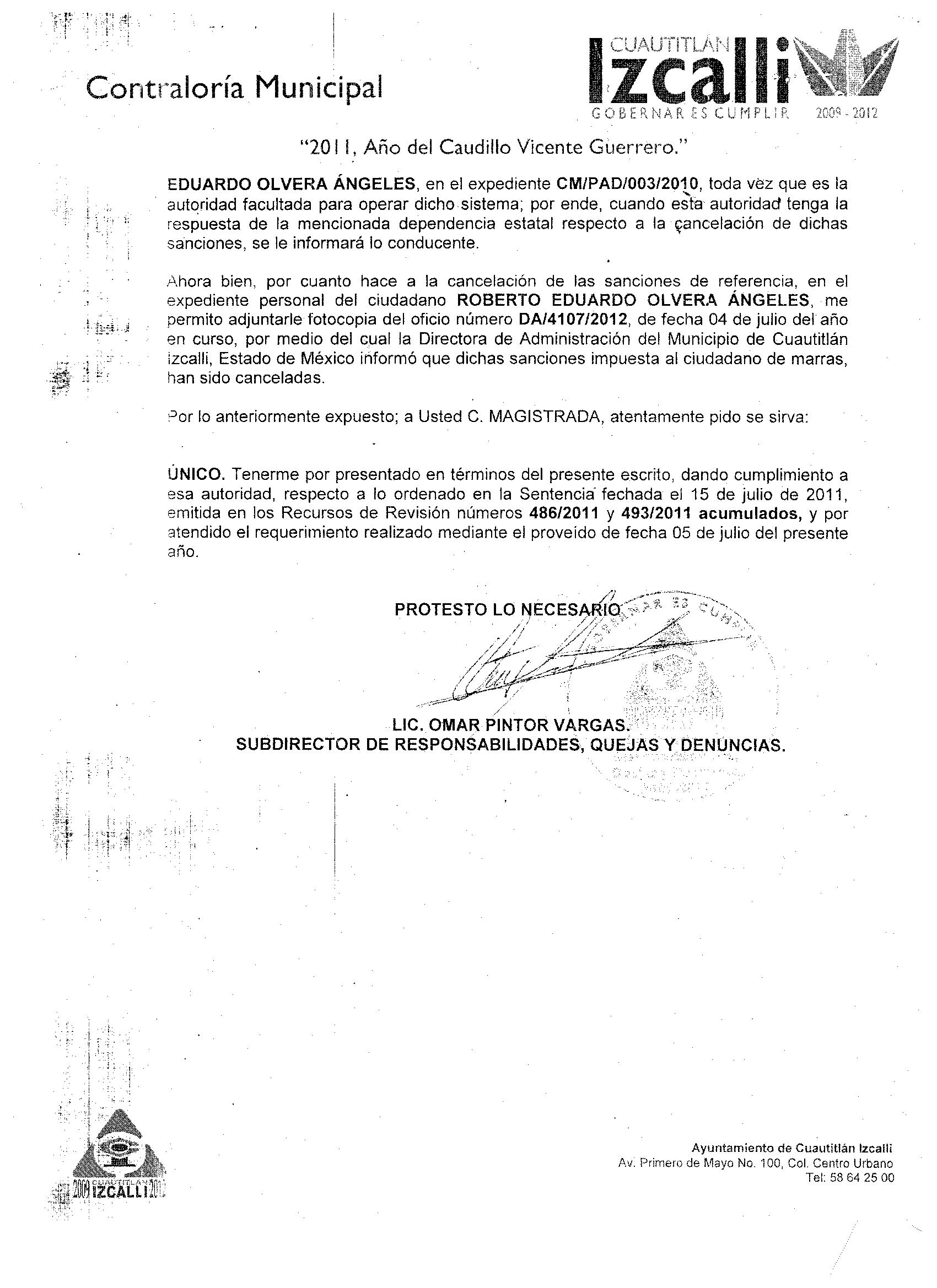 Resolución que deja sin efecto inhabilitacion de Roberto Olvera Ángeles