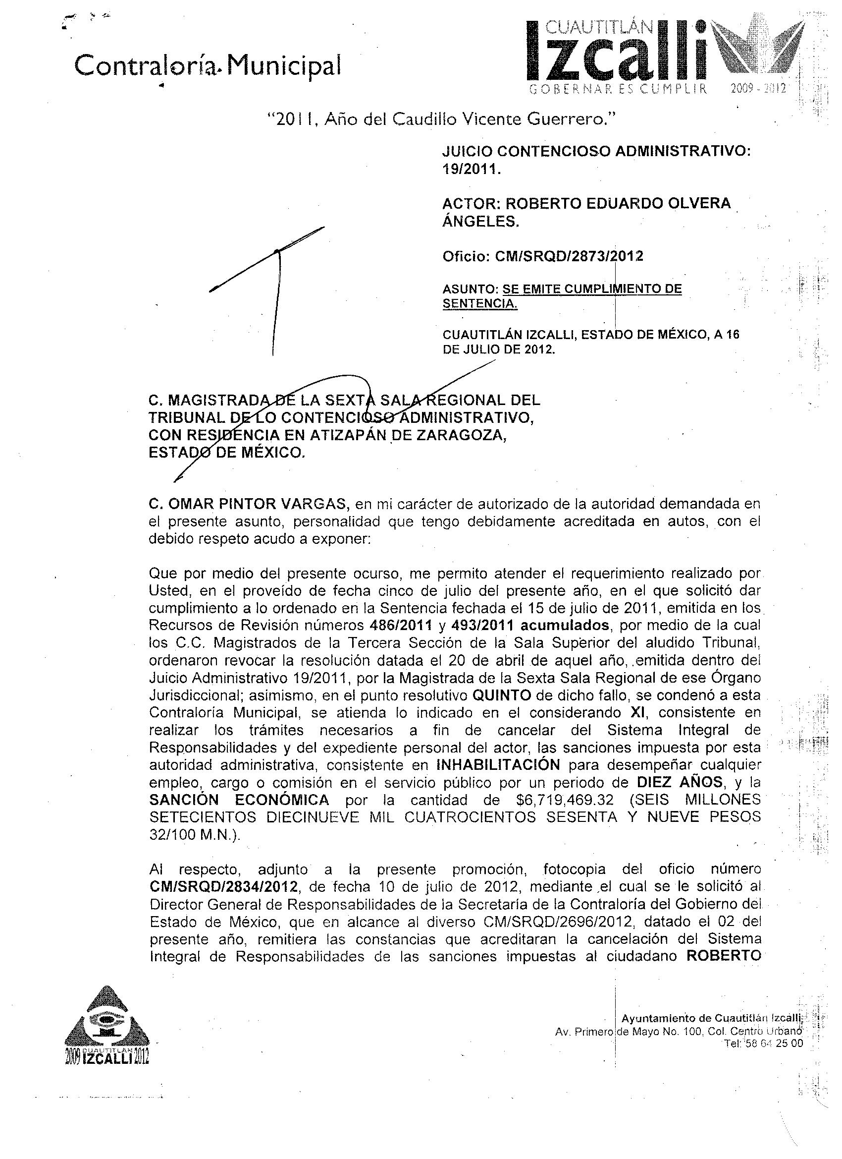 Resolución que deja sin efecto inhabilitacion de Roberto Olvera Ángeles